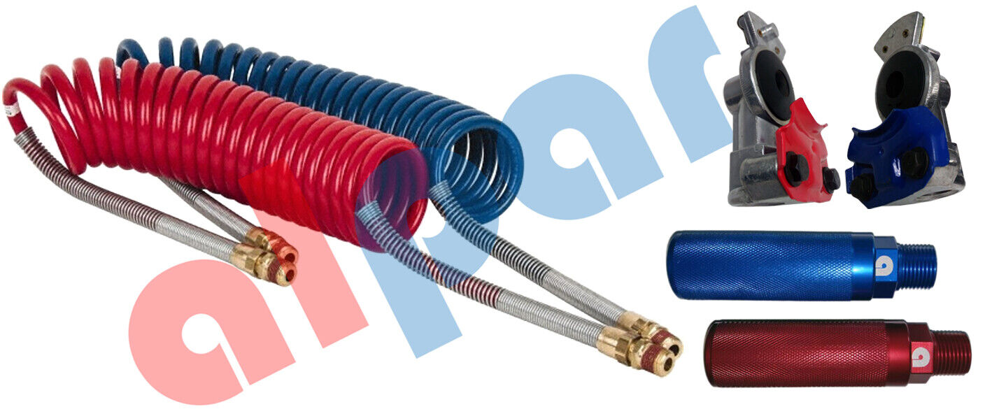 12ft Red & Blue Coiled Air Brake Hose Kit With Glad Hands & Aluminum H ...